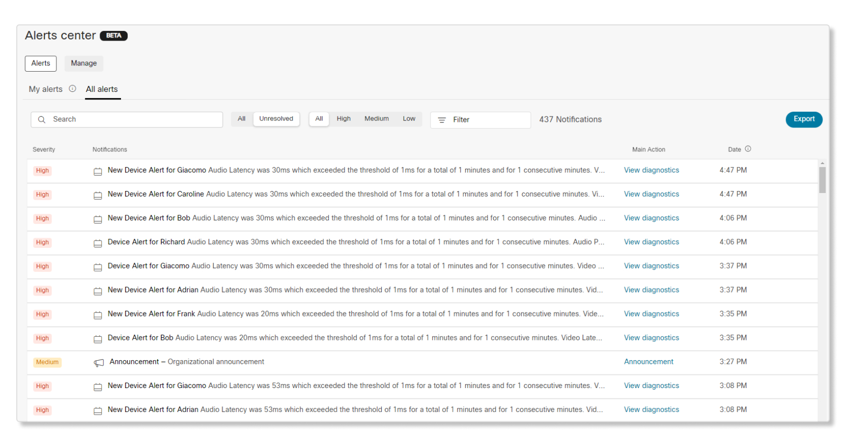 Alerts center in Control Hub