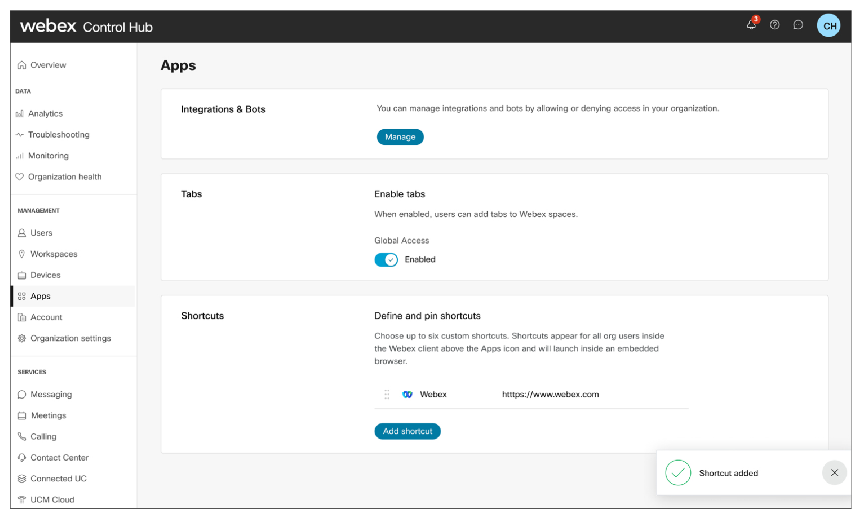 Manage Custom Shortcuts on the Side Menu of the Webex App