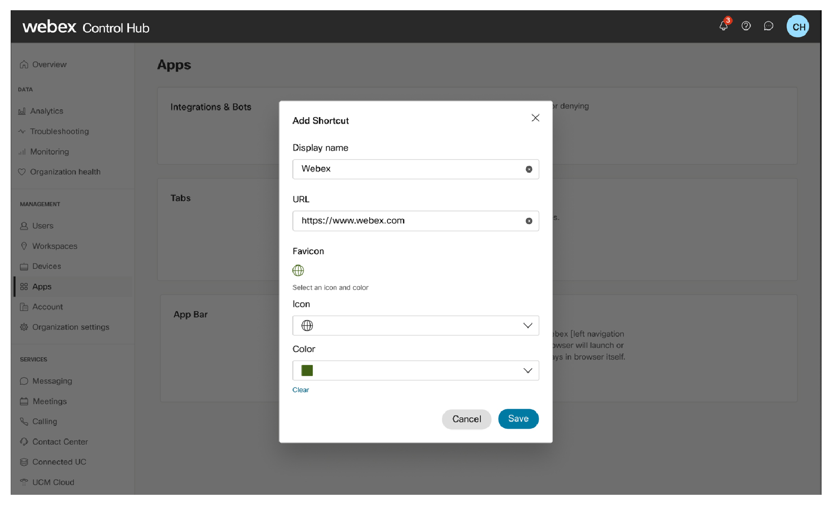 Manage Custom Shortcuts on the Side Menu of the Webex App