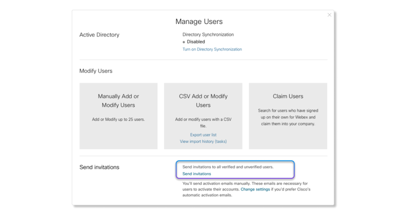 Bulk send activation emails in Control Hub